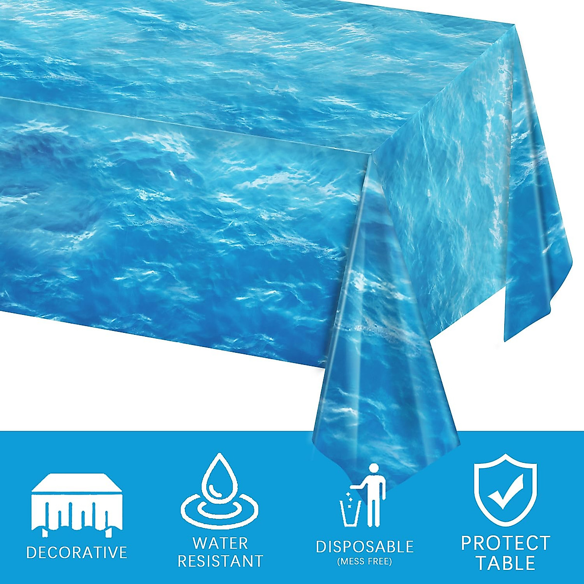3 Pieces Ocean Waves Tablecloth 54 x 108 Inch Water Print Plastic Table Cover Ocean Party Table Cloths for Beach Pool Birthday Under The Sea Party Decorations Supplies