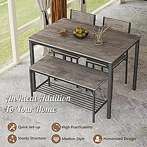 Giantex Dining Table Set for 4, Kitchen Table with Bench and Chairs, Industrial Gathering Bench Dining Set W/Metal Frame & Storage Rack, Dinette Set, Modern Functional Desk Set (Black Oak)