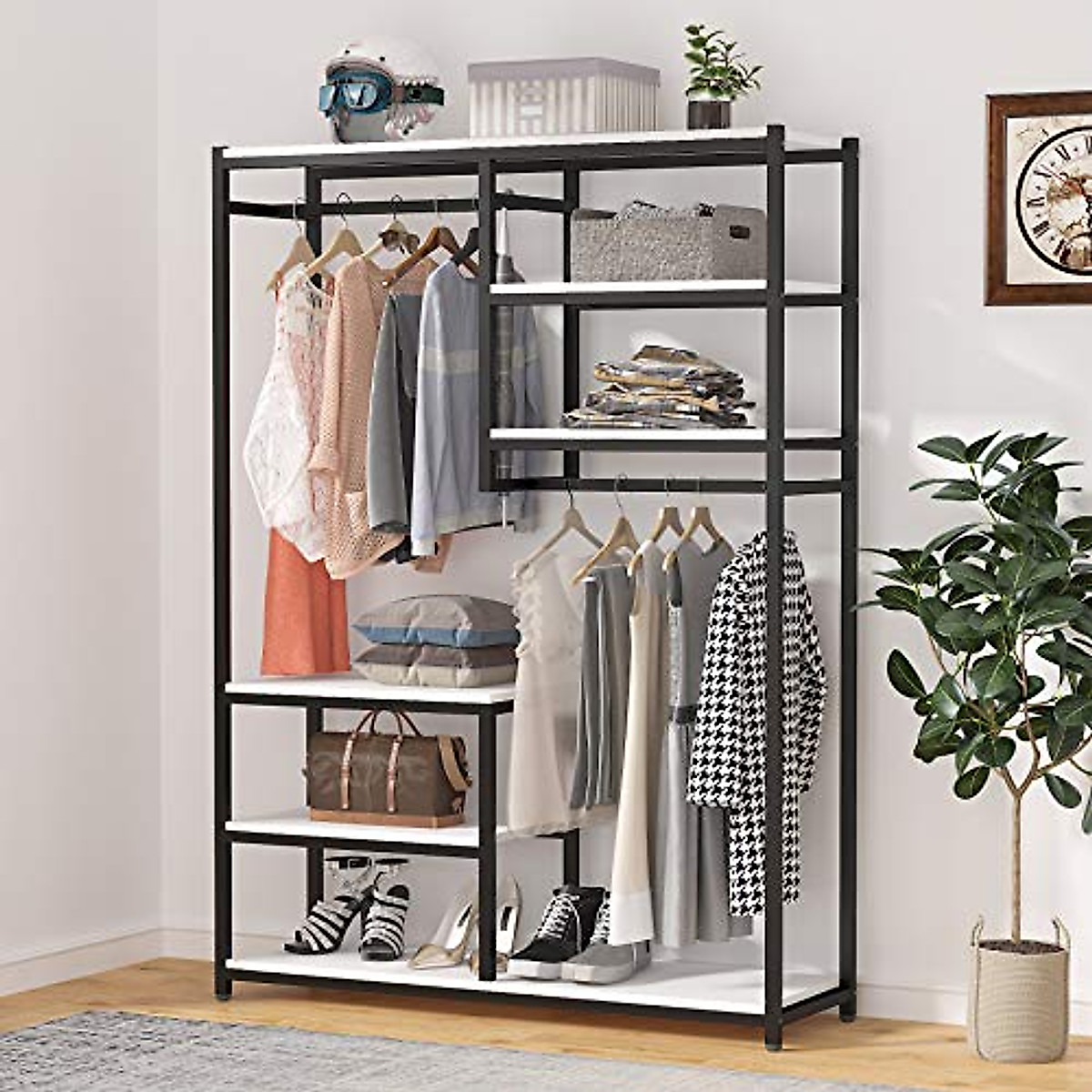 Tribesigns Free-standing Closet Organizer with 2 Hanging Rod, Garment Rack with 5 Storage Shelves for Bedroom (White)