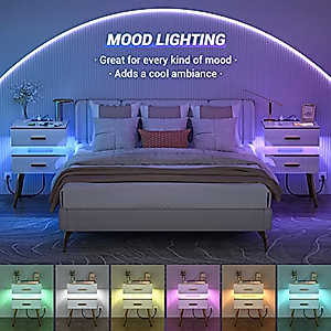 Cyclysio 28.5'' White Nightstand with Charging Station, Tall Bedside Tables with Led Lights, Bed Side Table Night Stand with Drawers for Bedroom and Sofa Side, Bright White Finishing