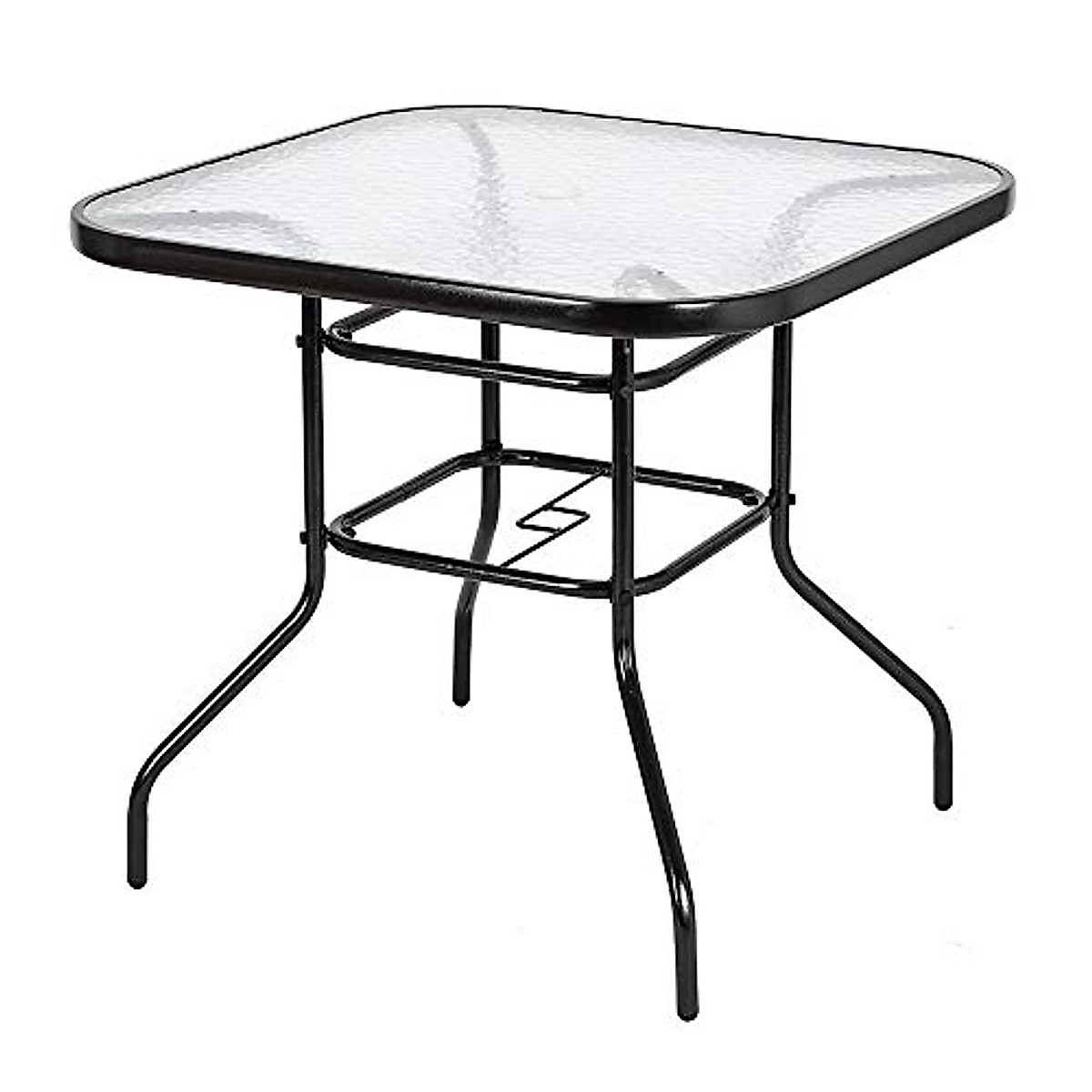 VINGLI Glass Patio Table with Umbrella Hole, 32" Square Outdoor Dining Table Steel Tempered Glass Patio Table Outdoor Table for Balcony Garden Deck