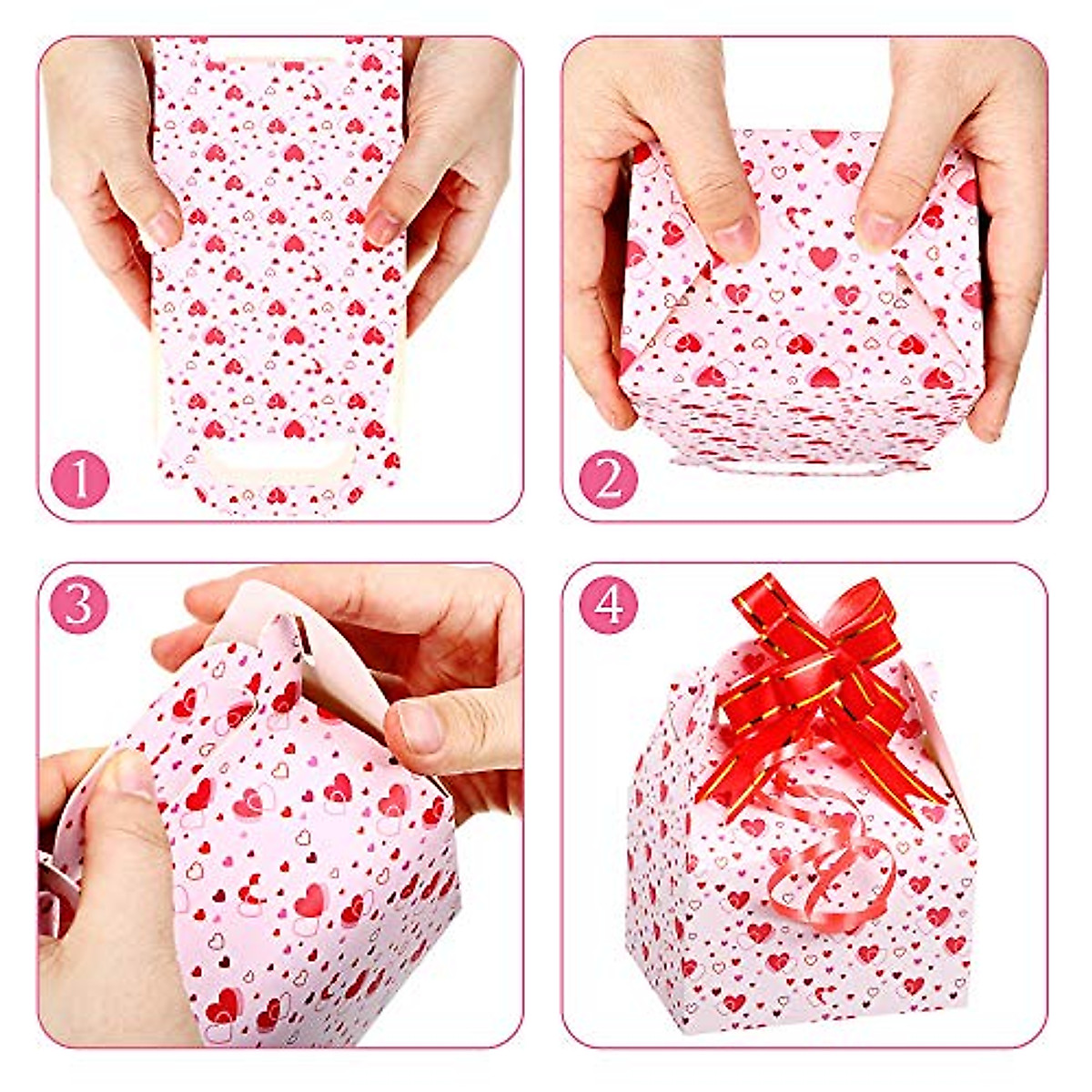 36 Pieces Mini Valentines Day Treat Boxes, Sweet Red and Pink Cardboard Paper Box Heart Printed Candy Boxes for Goody Cookie Holder with 40 Pieces Wrapping Bow Ties for Valentine's Day Party Supplies