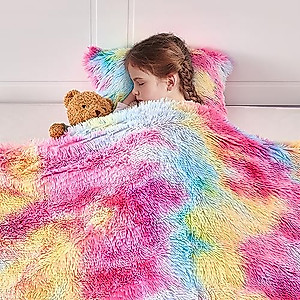 UOMNY Faux Fur Throw Blanket with Throw Pillow Cover Tie Dye Fluffy Blanket Set for Girls 50 x 60 Rainbow Plush Blankets for Couch Sofa Bed Teen Girl Gifts for Birthday Christmas Pink