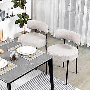 DYHOME Light Grey Dining Chairs Set of 4, Modern Dining Room Chairs Mid-Century, Round Upholstered Kitchen Chairs with Black Metal Legs, Boucle Sherpa Dining Chair