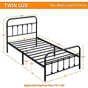 Yaheetech Classic Metal Platform Bed Frame Mattress Foundation with Victorian Style Iron-Art Headboard/Footboard/Under Bed Storage/No Box Spring Needed/Twin Size Black