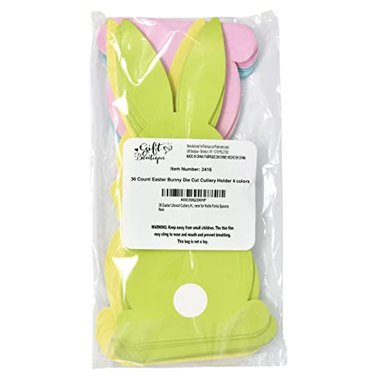 36 Easter Utensil Cutlery Holders Bunny Rabbit Shape Silverware Paper Pouch Sleeve Pockets Spring Table Place Settings Tableware Party Supplies Decoration Pink Blue Yellow Green for Knife Forks Spoons