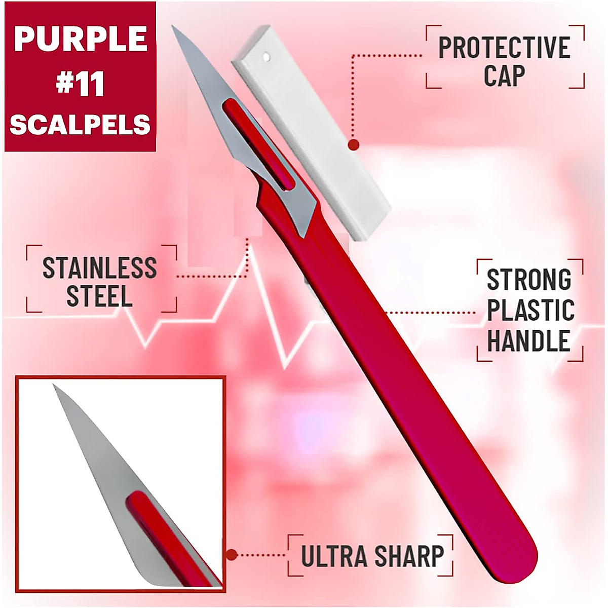 MedHelp Disposable Scalpel 11, Pack of 20 Dermaplaning Tool for Face with Burgundy Plastic Handle, Scalpel Blades #11, High Carbon Steel ● Box of 20