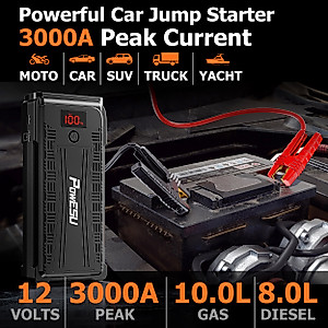 PowEsu Car Battery Jump Starter - 3000A Peak 12V Portable Battery Jump Starter(Up to 10.0L Gas or 8L Diesel Engine) Portable Power Bank with USB Quick Charge,LED Light