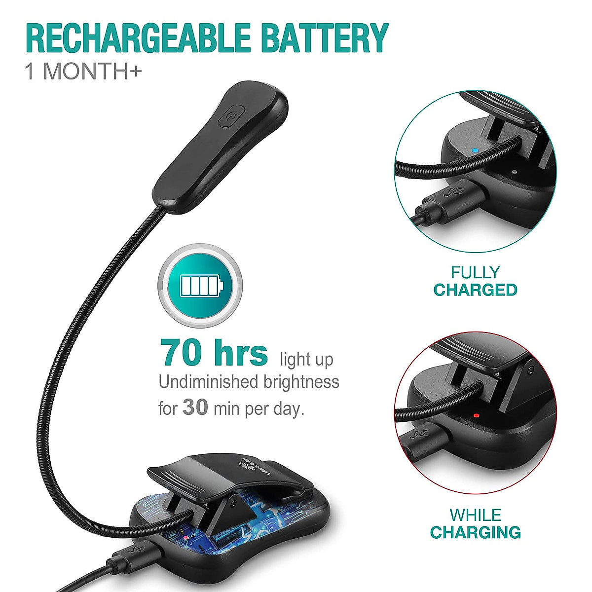 Vekkia/LuminoLite Rechargeable Book Light, Reading Lights for Books in Bed, 3 Colortemperature × 3 Brightness, Clip on Book, Up to 70 Hours Lighting, Great for Readers, Travel (Black)