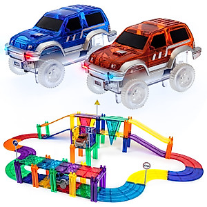 PicassoTiles 50 Piece Race Car Track + Ideabook with Over 150+ Ideas, Magnet DIY Playset 2 Light Up Car STEM Learning Kit Hand-Eye Coordination Fine Motor Skill Training, Unique Innovative Creations