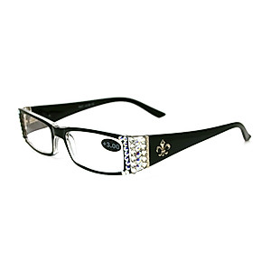 The French, (Bling) Fleur De Lis Women Reading Glasses Adorned with (Clear + Aurora Borealis) Austrian Crystals, Magnifying (Black) Rectangular. NY Fifth Avenue. (+2.50)