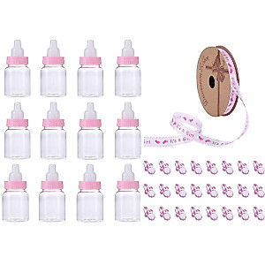 12 Pack Candy Bottles 10 Yards Ribbon and 48 Pack Acrylic Mini Pacifiers for Baby Shower Party Favors Decorations and Supplies by WeddParty (Pink A, 12)
