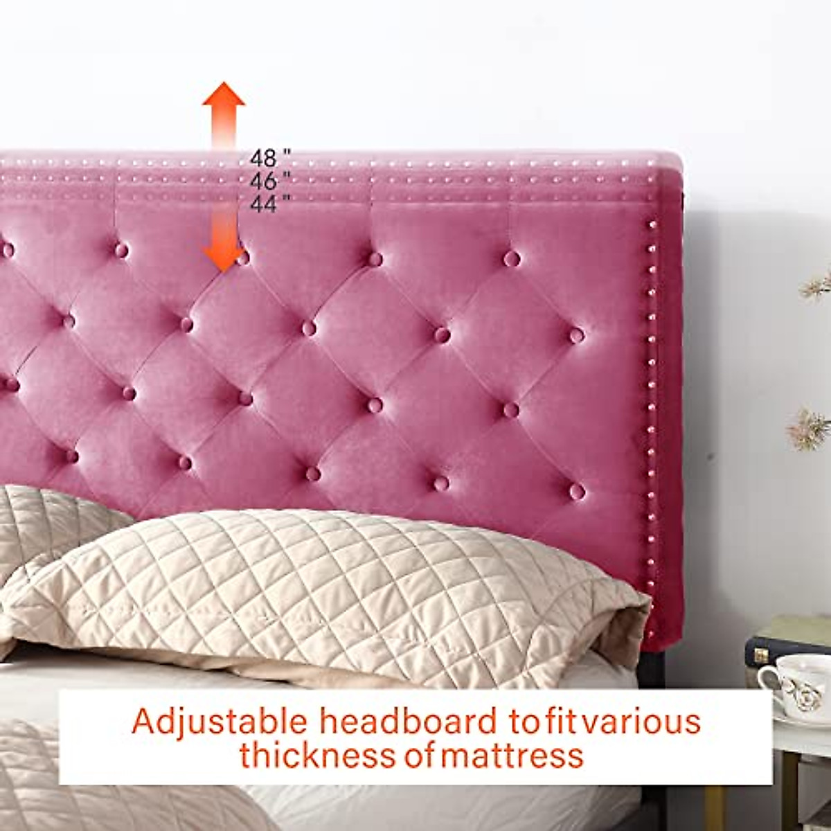 King Upholstered Platform Bed Frame with 48" Tall Adjustable Headboard - Button Tufted Suede Velour Bed- Wood Slat Support with Storage Space - No Box Spring Needed - Pink - OLIVER & SMITH - Princeton