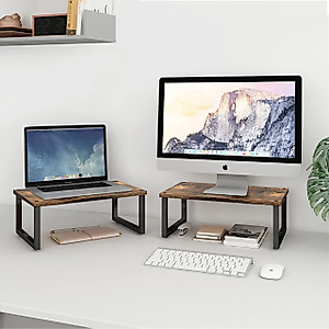 Ekisemio Monitor Stand Riser, 2-Pack Wood Desk Storage Organizer for Office Laptop, Computer, iMac, Antique Brown