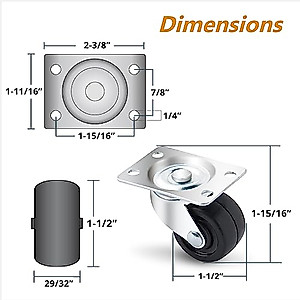 POWERTEC 17209V 1-1/2 Inch Low Profile Swivel Plate Caster Wheels with 160 lbs Total Loads, Castor Wheels for Workbench, Dolly, Cart & Furniture, Set of 4