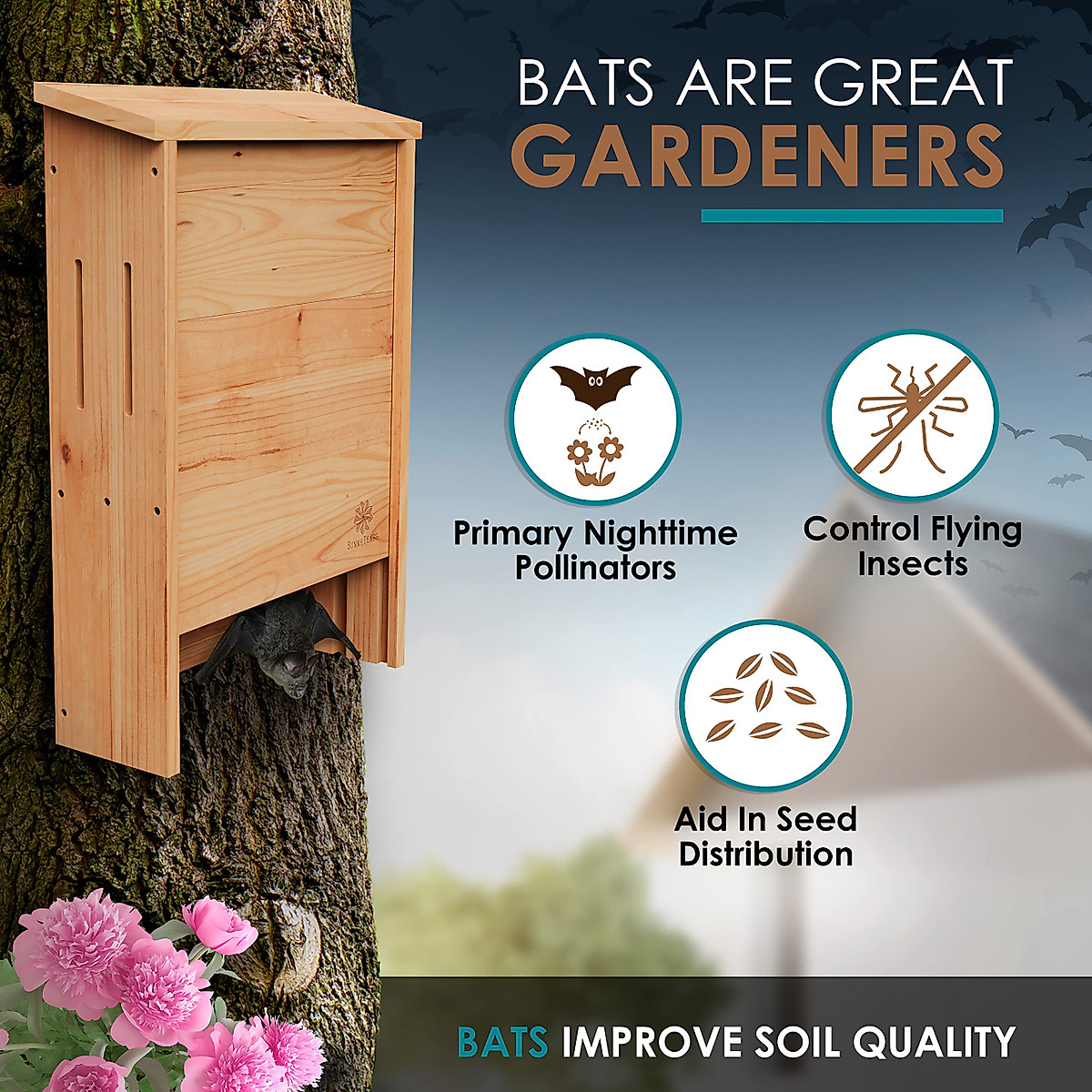 Bat Houses for Outdoors with Improved Airflow to Both Chambers - Bat Boxes for Outside with Easy Grip Surfaces- Large Bat House for a Safe Nesting Environment - Weather and Insect Resistant Cedar