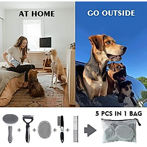 5PCS Grooming Kit for Dog,Puppy- Deshedding & Slicker Brush for Short-Haired Pets, Flea Comb and Grooming Comb Set Grey