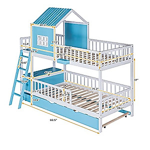 Goohome Twin Over Twin Bunk Beds with Stairs & Trundle,Wood Bunk Bedframe with Storage Cabinet and Drawer, High Length Guardrail, Built-in Slat, No-Noise, for Kids Teens Adults