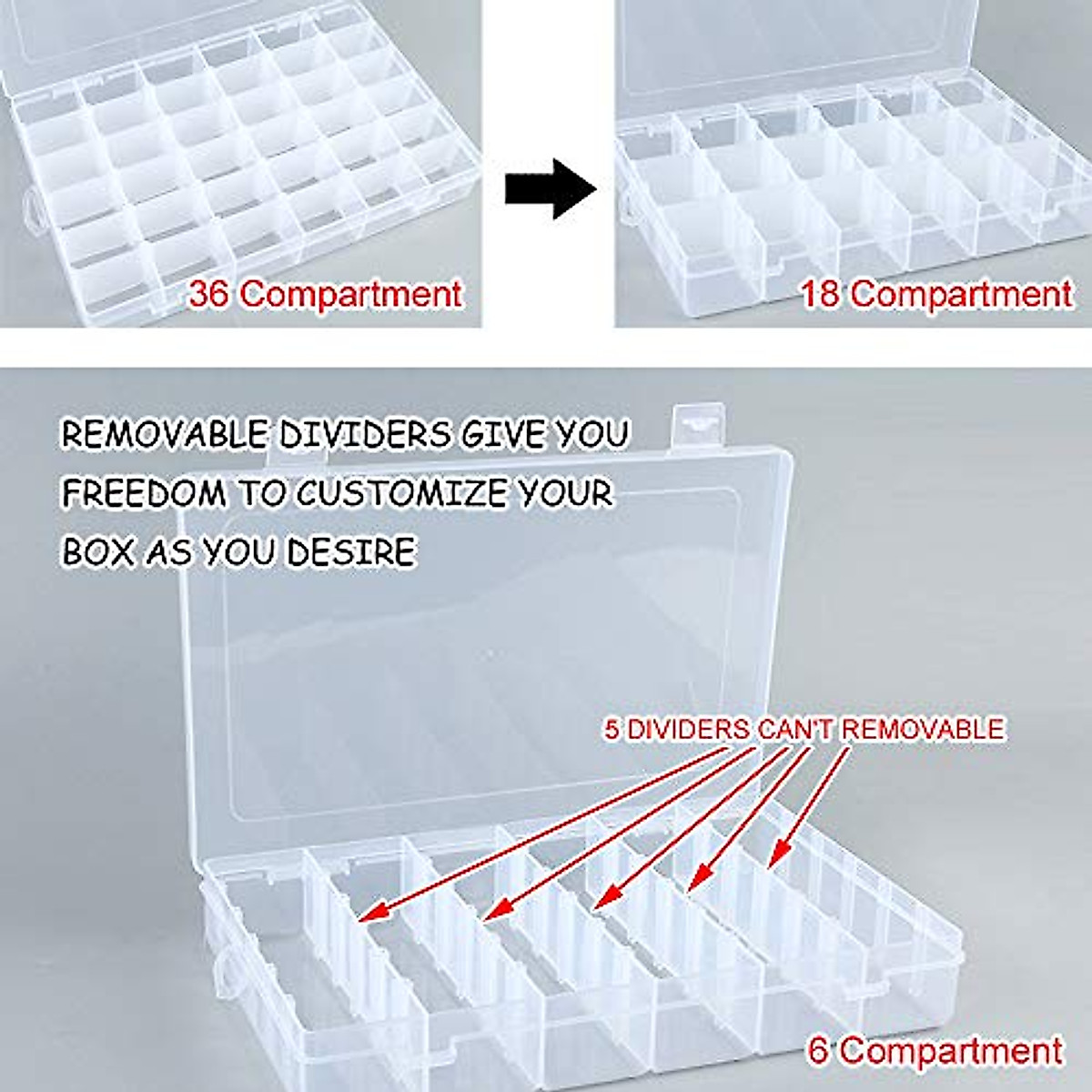 2pack 36 Grids Clear Plastic Organizer Box Storage Container Jewelry Box with Adjustable Dividers for Beads Art Crafts Jewelry Fishing Tackles with 8 Inch Multipurpose Scissors, Soft Ruler