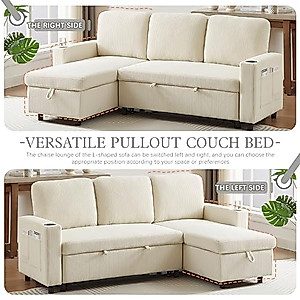FANYE L-Shaped 3-Seaters Reversible Sleeper Sectional Convertible Sofabed Comfortable Corduroy Upholstered Corner Sofa with Pull Out Sleep Couch Bed and Cupholders for Compact Space Living Room