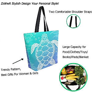 ZzWwR Chic Underwater Sea Turtle Seaweed Print Extra Large Canvas Beach Travel Reusable Grocery Shopping Tote Bag Portable Storage HandBag,Turquoise