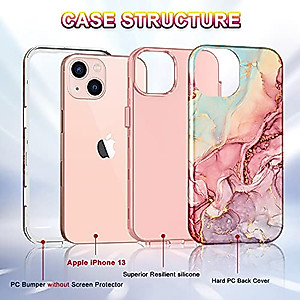 CASEFIV Compatible with iPhone 13 Case, Marble Pattern 3 in 1 Heavy Duty Shockproof Full Body Rugged Hard PC+Soft Silicone Drop Protective Girls Women Cover for iPhone 13 6.1 inch 2021, Rose Gold