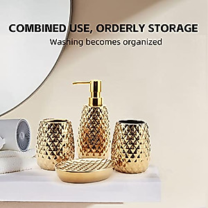 Ceramic Bathroom Accessories Set 4 Piece Contain Toothbrush Holder, Tumbler, Soap Dispenser, Soap Dish, Accessories para baño for Restroom Apartment Bathroom Decor Stuff and Gift Set （Gold）