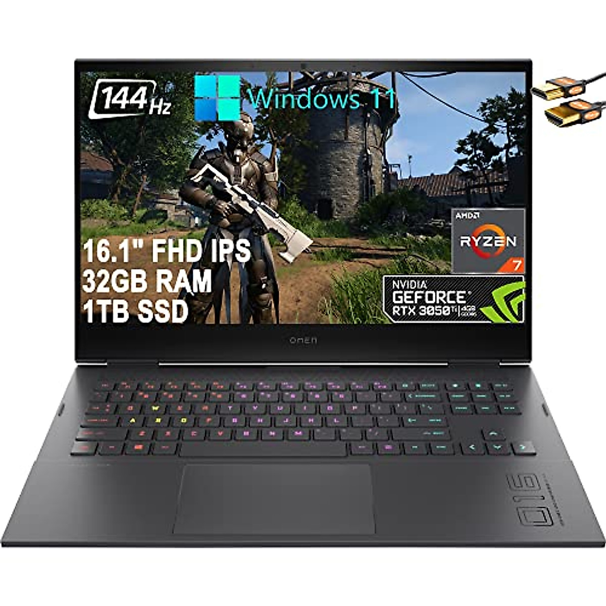 HP Omen 16 Gaming Laptop 16.1" FHD 144Hz IPS Display AMD Octa-Core Ryzen 7 5800H (Beats i7-10750H) 32GB RAM 1TB SSD NVIDIA GeForce RTX 3050 Ti 4GB RGB Backlit USB-C B&O Audio Win11 + HDMI Cable