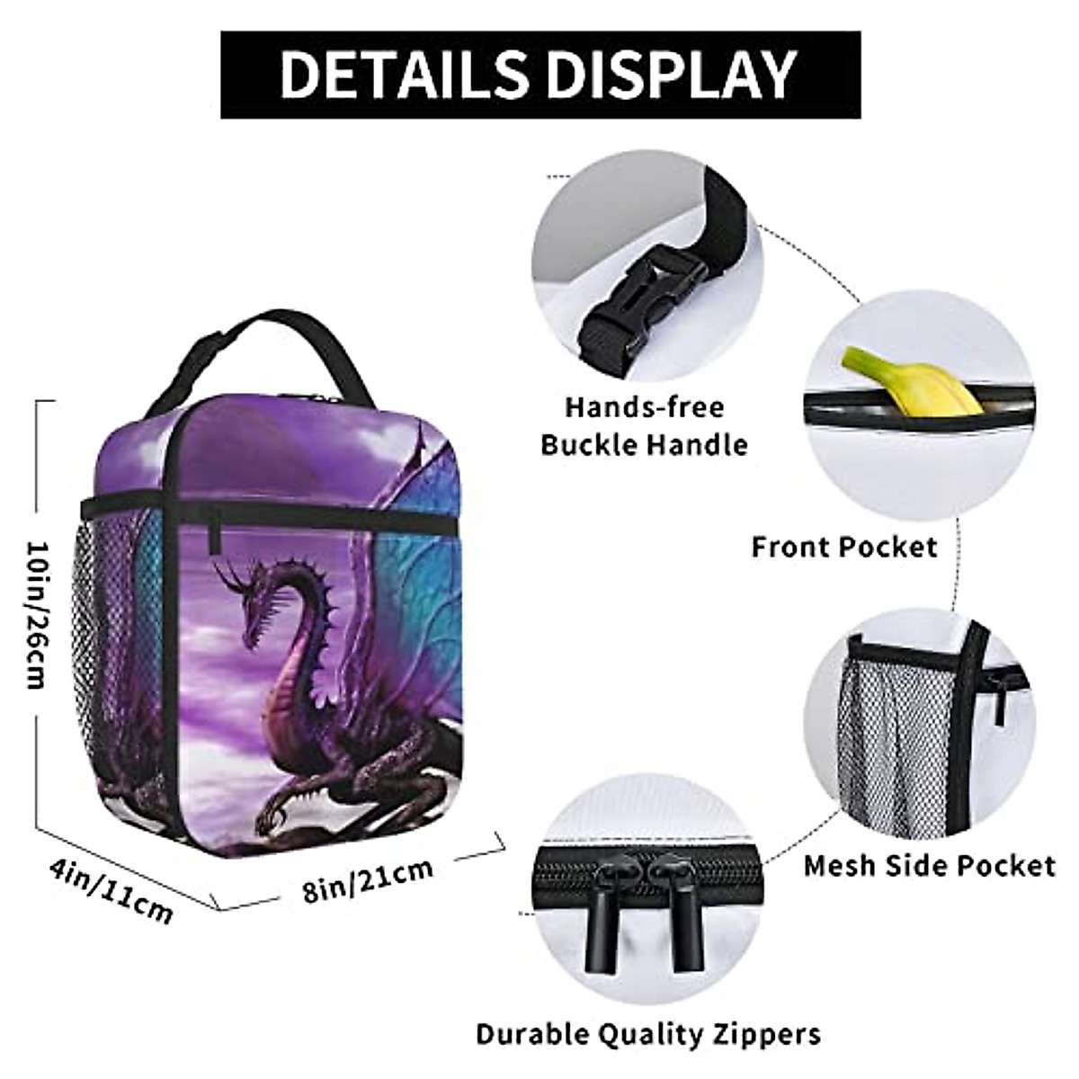 wsrgvab Dragon Fantasy Purple Portable Lunch Box Bag Insulated Reusable Lunch Tote For Men And Women