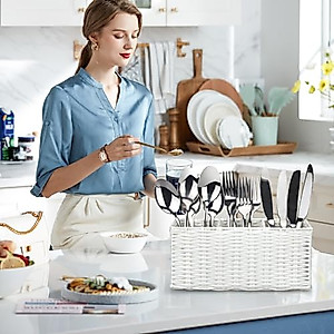Ayiaren Wicker Silverware Cutlery Holder Flatware Caddy Kitchen Utensils Holder for Countertop Silverware Organizer Storage Containers Spoon Knives Fork Holder White Flatware Silverware Caddies