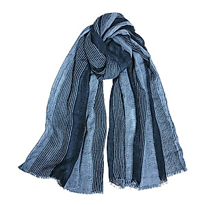 GERINLY Cotton-Linen Scarves Mens Stripe Crinkle Long Scarf European Neck Wrap Bufanda de Hombres Fashion (Blue)