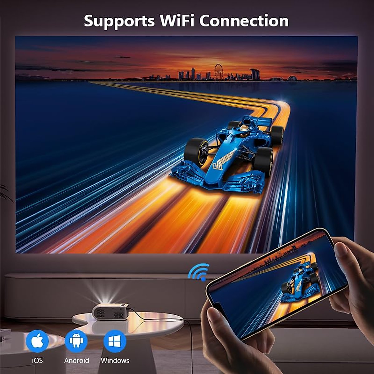 WiFi Mini Projector for iPhone, DZA Outdoor Portable Projector Supports 1080P with Synchronize Smartphone Screen, Movie Projector for Home Theater Compatible with iOS/Android/PC/TV Stick, and HDMI/USB