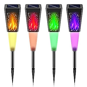 HEMOPLT Solar Outdoor Lights, Pack of 4 Solar Lights Outdoor Waterproof, Color Changing + Warm White Solar Garden Llights, IP 67 Waterproof Garden Lights, for Walkway, Yard, Lawn, Landscape, Driveway