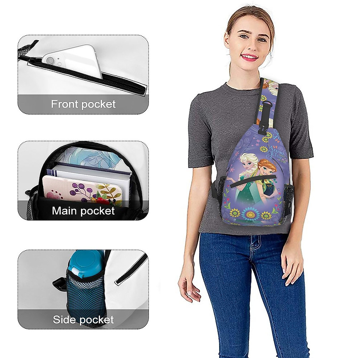 LZYUNAZ Cartoon Sling Bag Crossbody Sling Backpack for Girls Teen Hiking Travel Running (Purple)