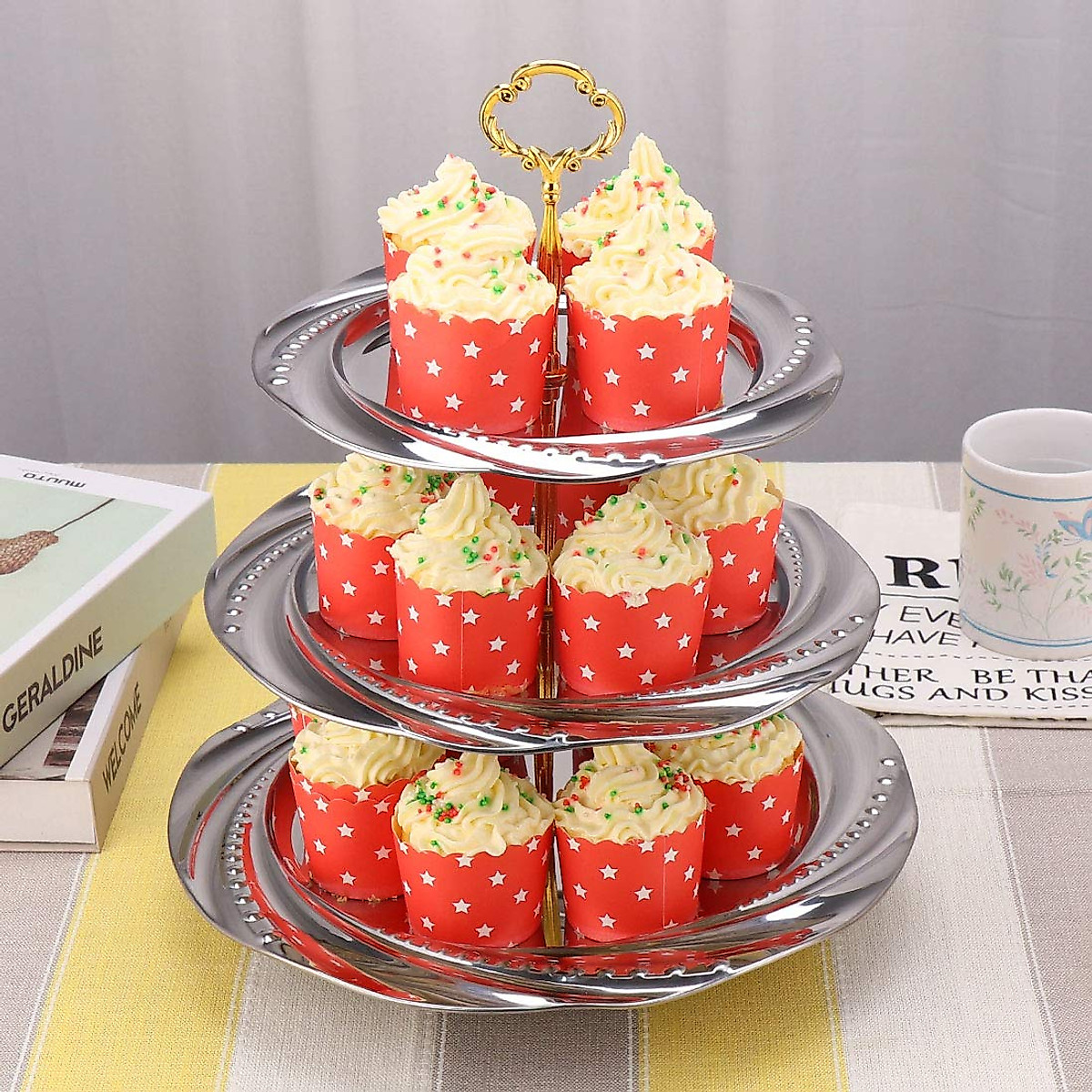 3 Tiered Serving Stand -Stainless Steel Cake Stand Fruits Desserts Buffet Plates Serving Tray Cupcake Stand for Wedding, Birthday Party & Tea Party Gift Christmas Decoration (Silver)