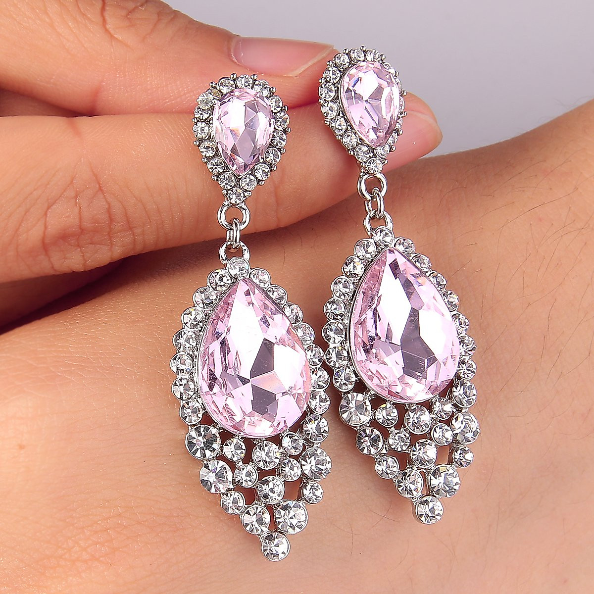 BriLove Wedding Bridal Dangle Earrings for Women Crystal Teardrop Cluster Beads Chandelier Earrings Pink Tourmaline Color Silver-Tone