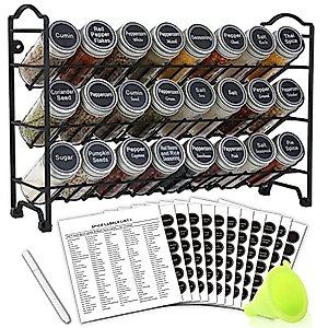 SWOMMOLY Spice Rack Organizer with 24 Empty Round Spice Jars, 396 Spice Labels with Chalk Marker and Funnel Complete Set, Spice Rack Organizer for Cabinet, Pantry, Countertop or Wall Mount, Black