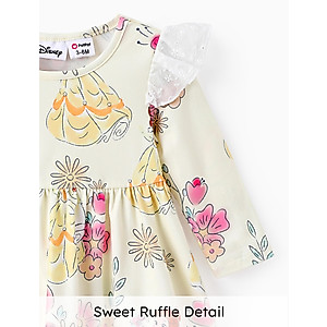 Disney Princess Belle Baby Girl Dress Fall Casual Ruffle Long-Sleeve Baby Clothes A Line Floral Character Print Dresses Yellow 3-6 Months