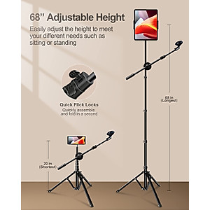 elitehood Floor Tablet Stand & Boom Mic Stand, 68in Height Adjustable iPad Holder Stand, Portable Tripod Microphone Stand for Singing, Compatible with iPad Pro Air Mini and 4-12.9’’ Phones & Tablets