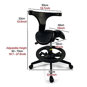 MIWOOYY Saddle Stool Massage Saddle Stool with Foot Rest ＆ Back Support, Spa Swivel Adjustable Rolling Facial Salon Chair with Wheels, Supports 200 Kg/ 440 Lbs
