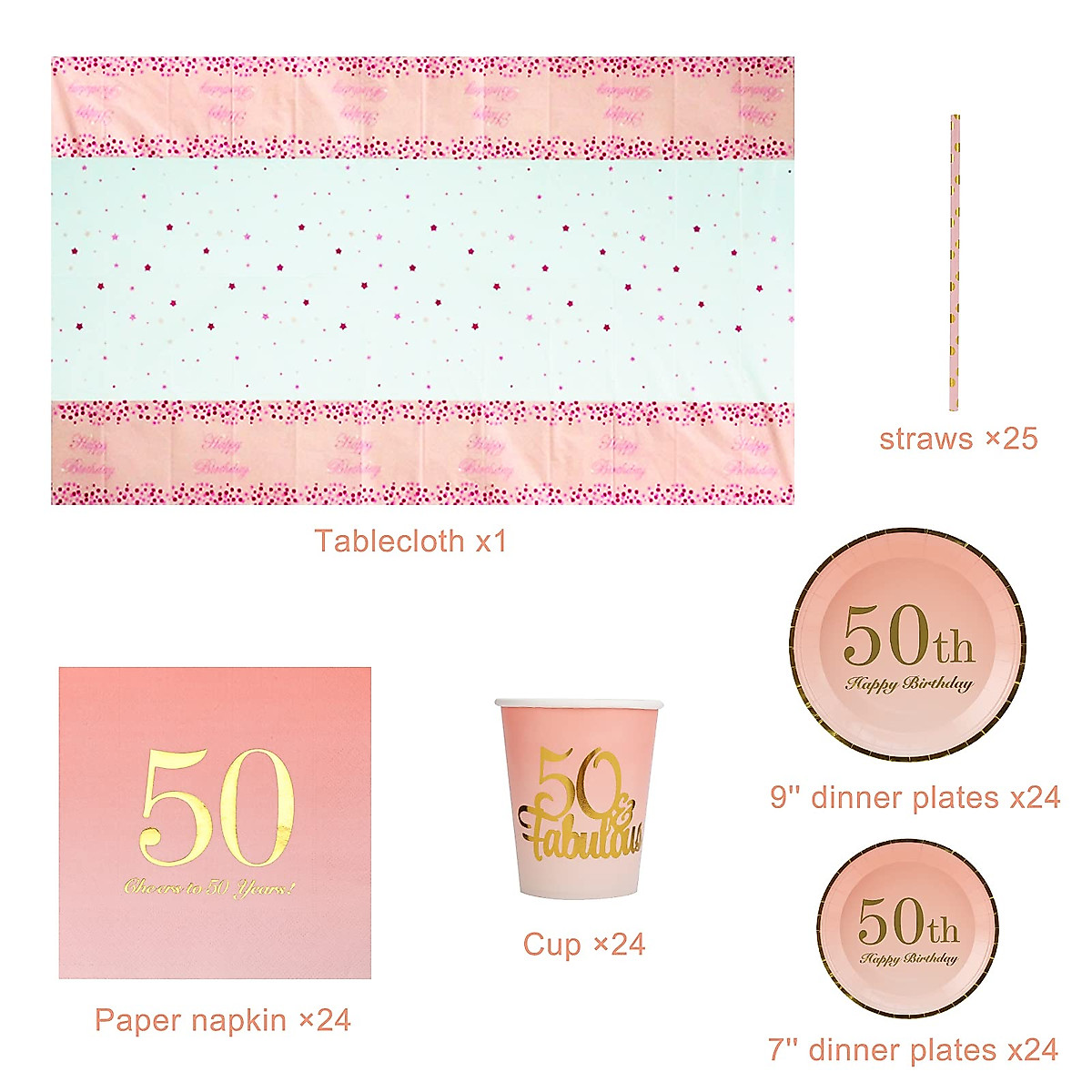 50th Birthday Decorations Party Supplies Set - Disposable Tableware Includes Plates, Cups, Napkins, Straws, Tablecloth for Her 50 Birthday Party - Serves 24