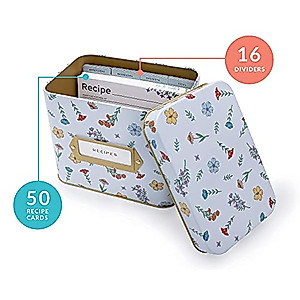 poiet Tin Recipe Box with Cards and Dividers, Includes 50 4x6 Recipe Cards, 16 Dividers (Wildflower)