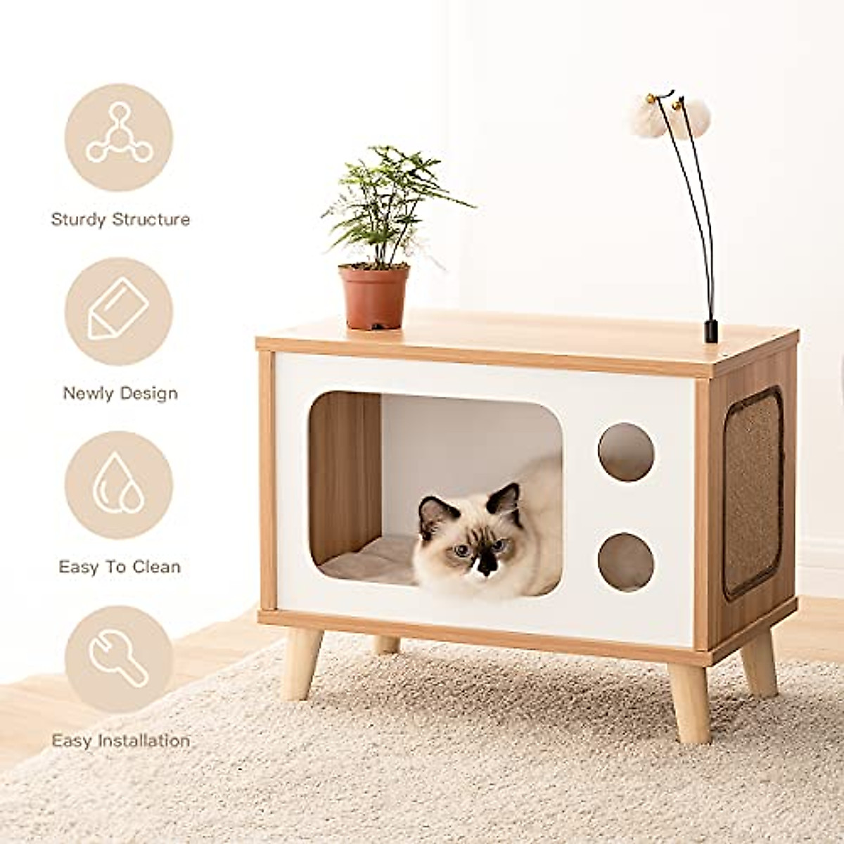 Cat House Wooden Cat Condo Cat Bed Indoor TV-Shaped Sturdy Large Luxury Cat Shelter Furniture with Cushion Cat Scratcher Bell Ball Toys