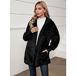 LookbookStore Lightweight Cardigan Women Faux Shearling Oversized Coat Shaggy Fuzzy Fleece Open Front Hooded Cardigan Black Fleece Jacket 2024 Winter Coats for Women Size L Size 12 14