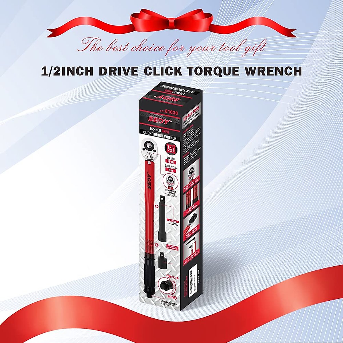1/2-inch Drive Click Torque Wrench 1/2 Drive - Precision 10-150 ft.lb/13.6-203.5Nm Range, Ratcheting Head with Secure Locking Mechanism, Adapter & Extension