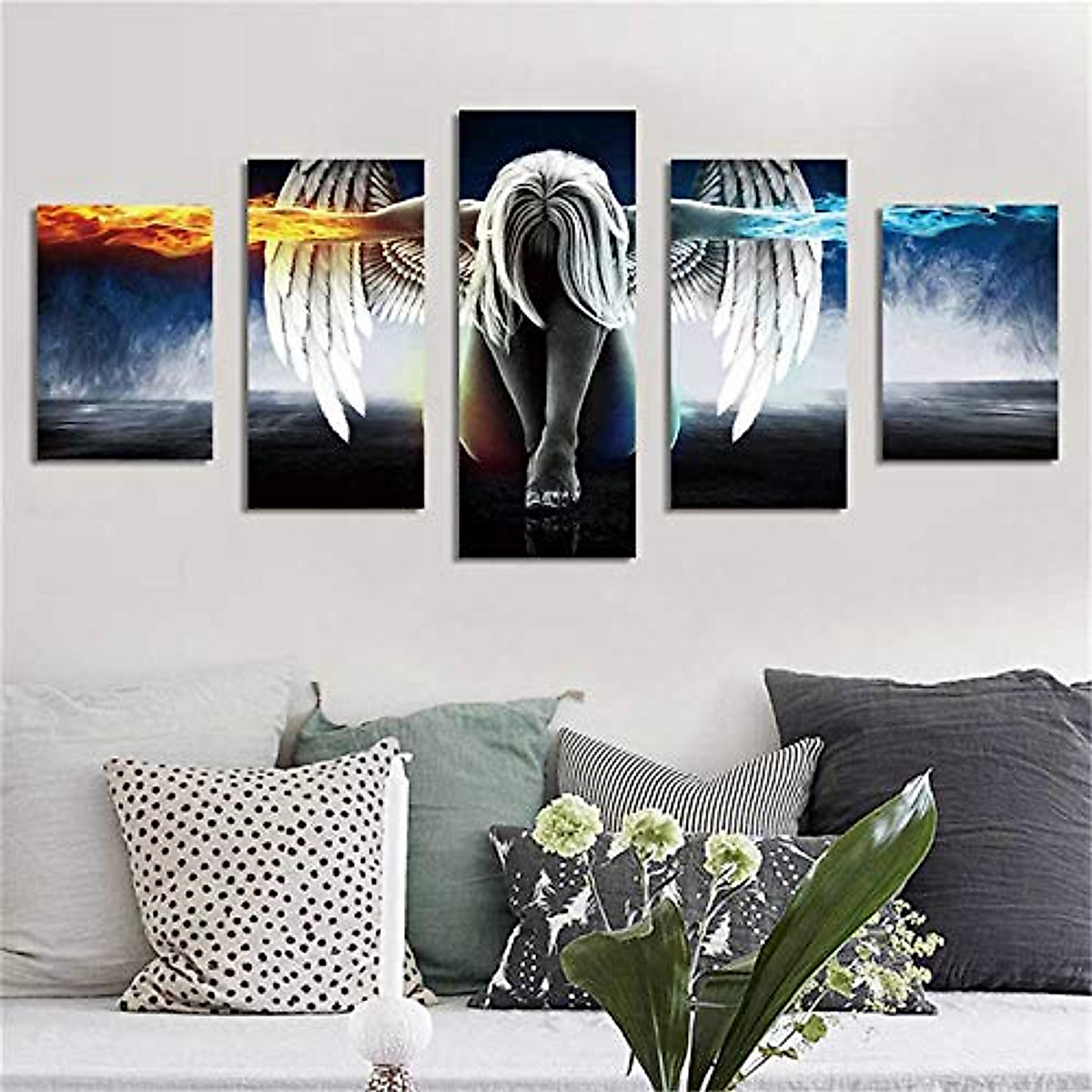 DIY 5D Diamond Art Kits for Adults,Fire Water Angel Magic Wings 5 Piece Multi Full Drill Diamond Embroidery Kit Home Office Wall Art Decor Paint by Numbers 17.7x37.4 inch