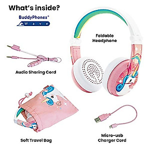 ONANOFF BuddyPhones Wave, Waterproof Wireless Bluetooth Volume-Limiting Kids Headphones, 18-Hour Battery Life, 4 Volume Settings, Built-in Microphone, Includes Backup Cable for Sharing, Unicorn Pink