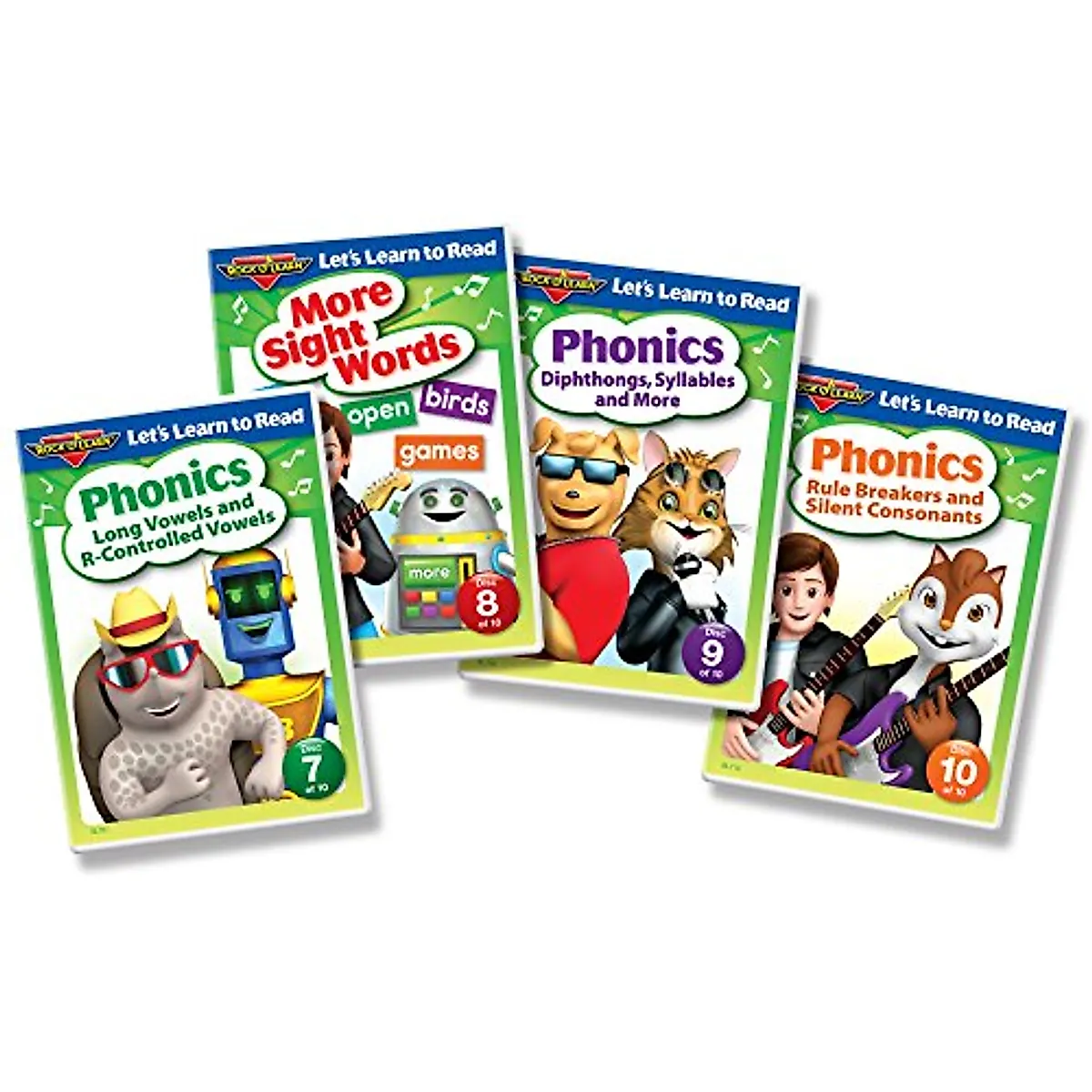 Let’s Learn to Read 10 DVD Collection by Rock ‘N Learn (170 sight words, covers all phonics rules, vowels, consonants, blends, digraphs, practice sections to build reading fluency, 80 downloadable worksheets and more.)