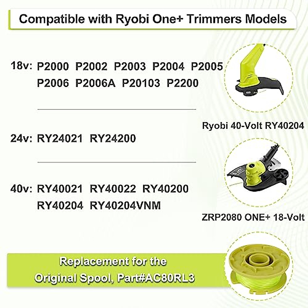 GreatBuddy 3-Pack Weed Wacker String Replacement Compatible with Ryobi 18v, 24v, and 40v Cordless Trimmers Refill，Parts#AC80RL3