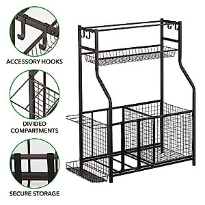 mDesign Metal Heavy Duty Garage Storage System Rack with Top Shelf, Multi-Purpose Sporting Goods Storage with Multiple Compartments, Baskets and Hooks - Holds Equipment, Balls, Bats - Bronze